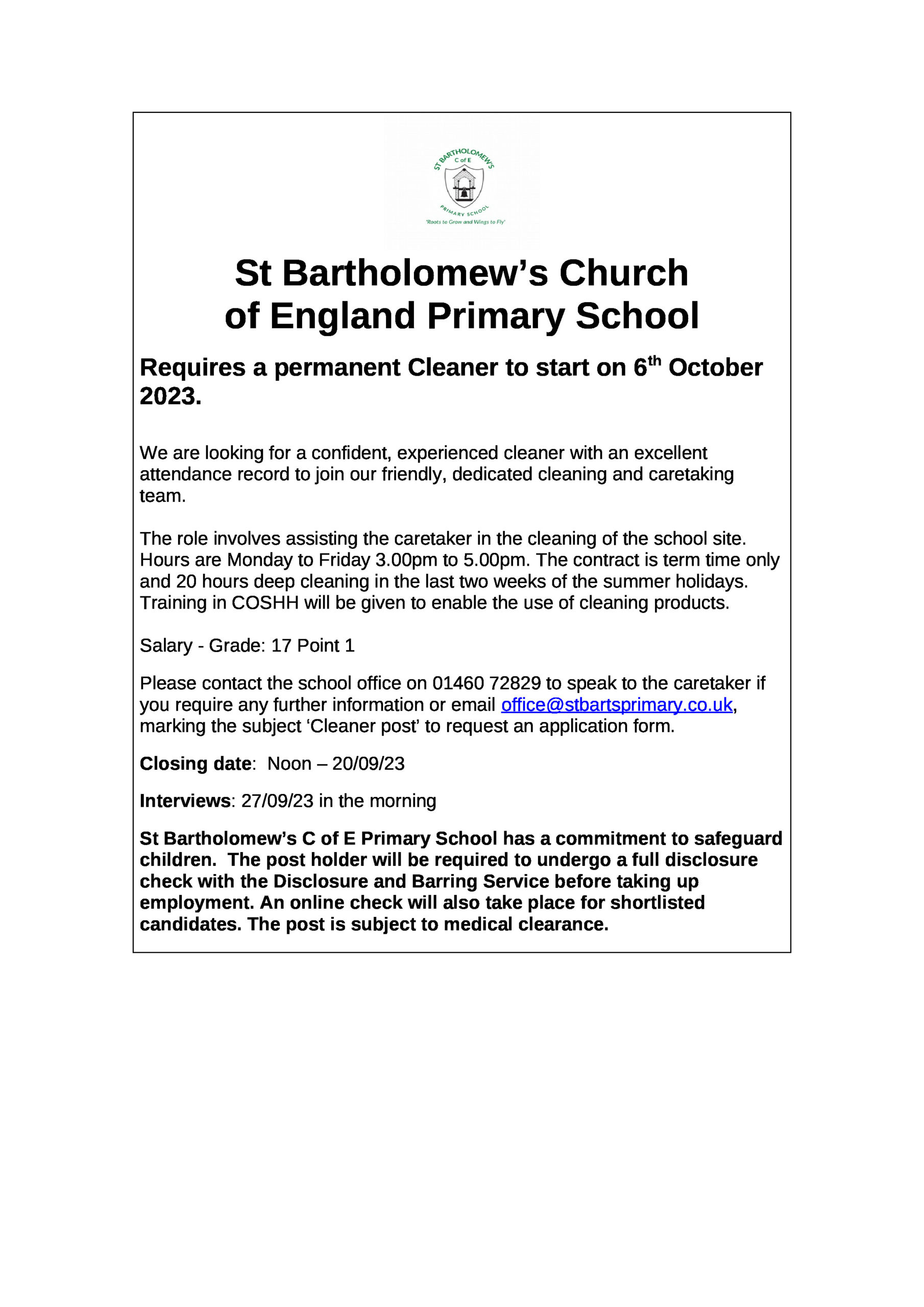 Job Vacancy for a permanent Cleaner – St Bartholomew's Primary School